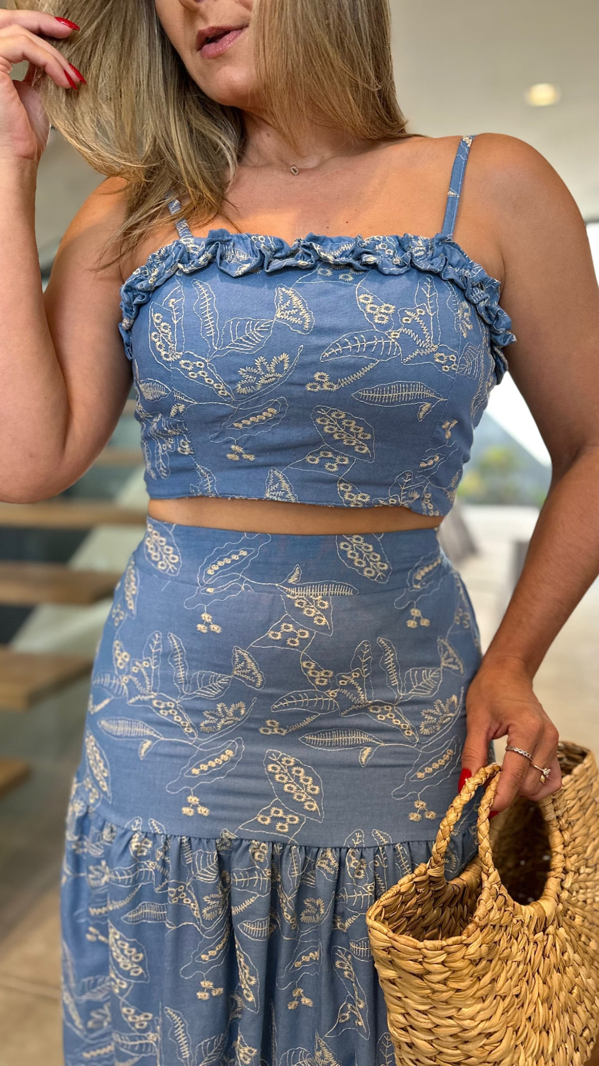 Conjunto Cropped E Saia Longa Bordado Lety - Conjuntos | Daniele Fazan